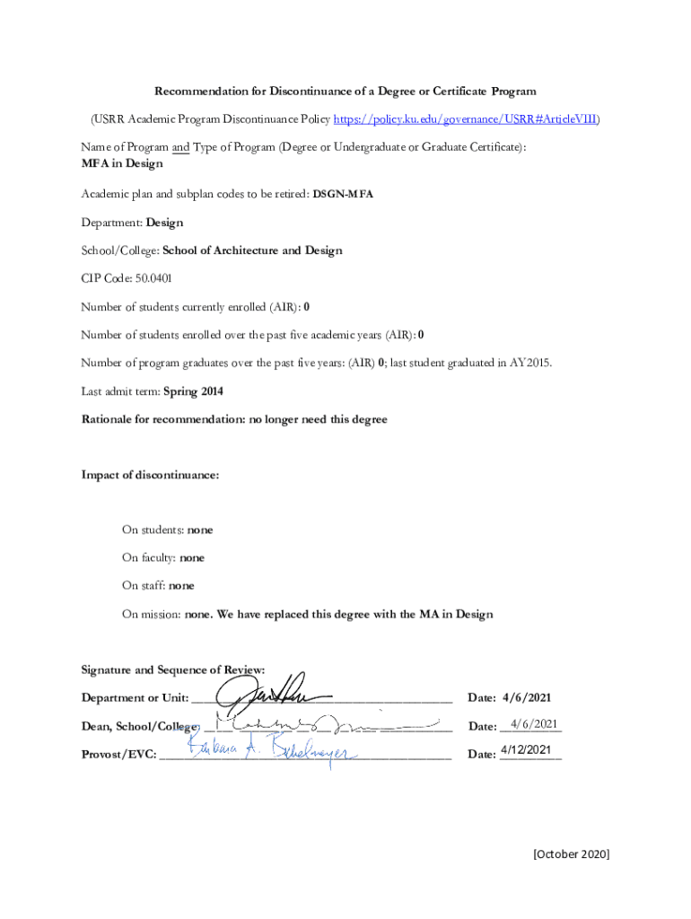 Fillable Online governance ku 02 Discontinue Certificates - University ...