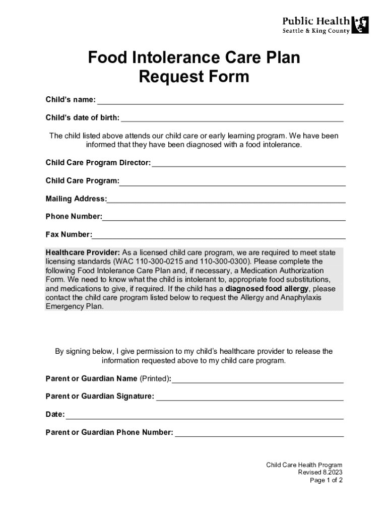 Fillable Online Food Intolerance Care Plan Request Form. Food ...