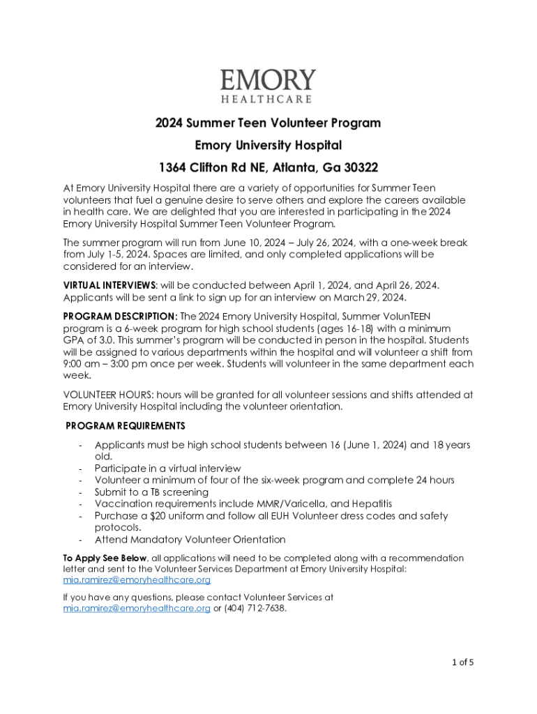 Fillable Online 2024 Summer Teen Volunteer Program Emory University ...