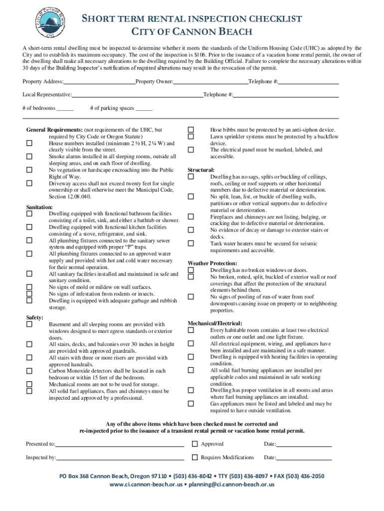 Fillable Online SHORT TERM RENTAL INSPECTION CHECKLIST CITY OF ... Fax ...