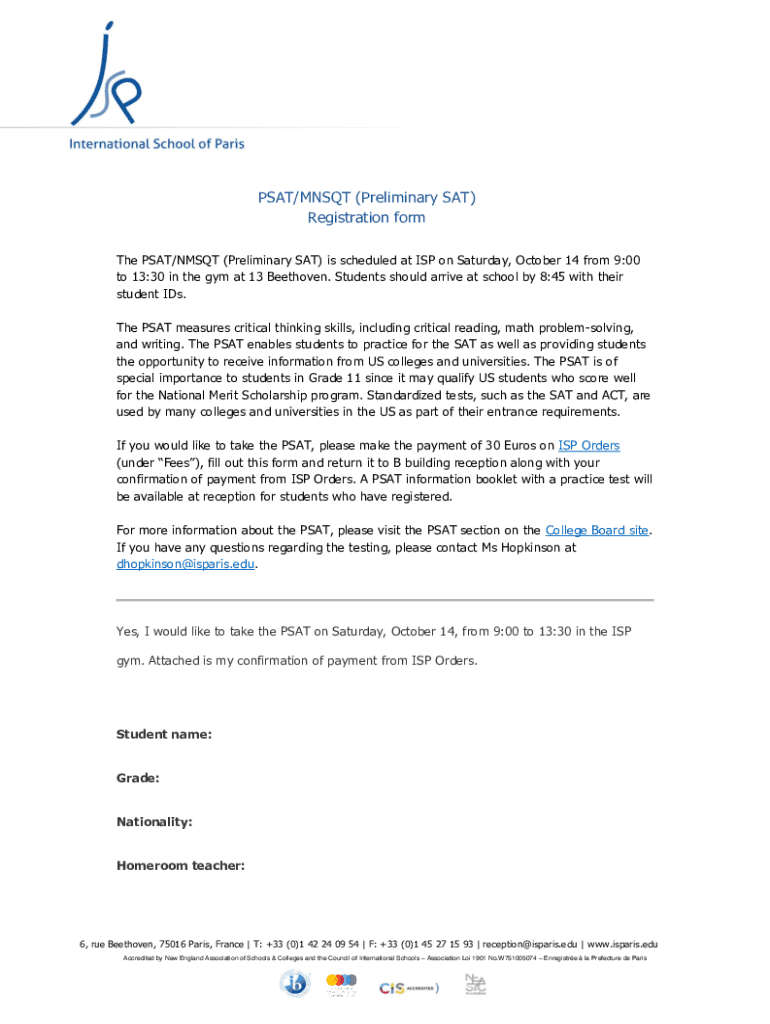 Fillable Online PSAT/MNSQT (Preliminary SAT) Registration form Fax ...