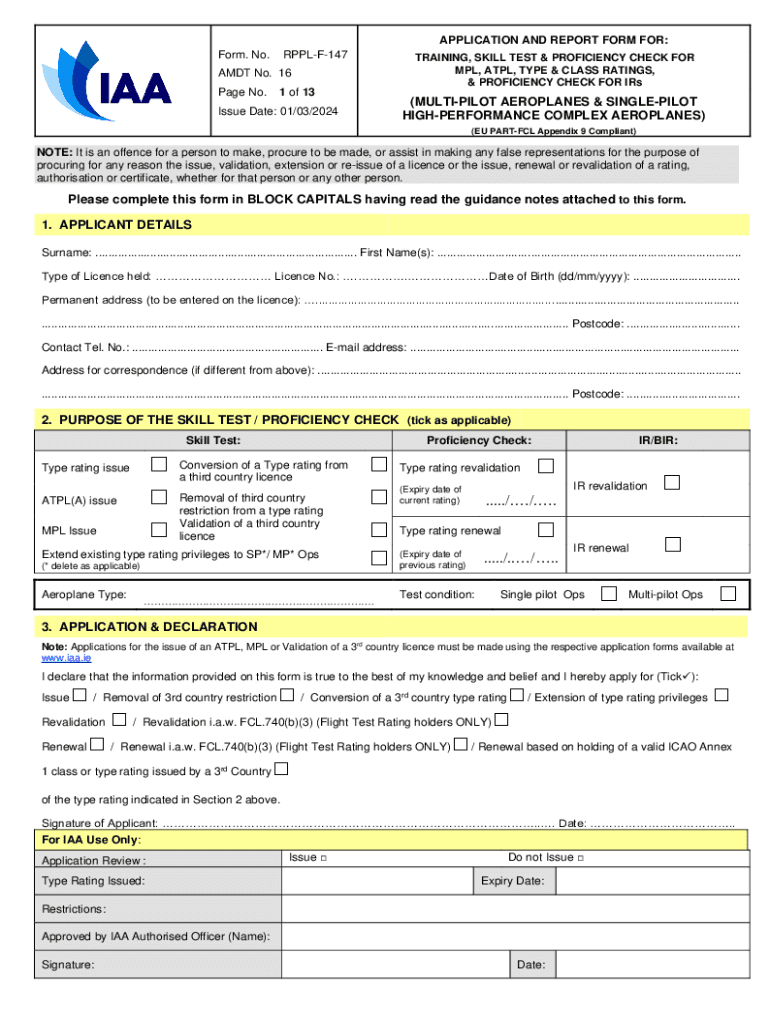 Fillable Online Application and Report form for ATPL / MPL / Type ...