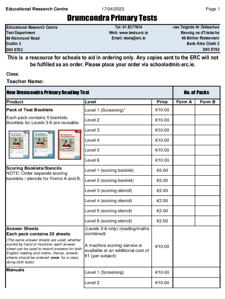 Drumcondra tests primary order: Fill out & sign online | DocHub