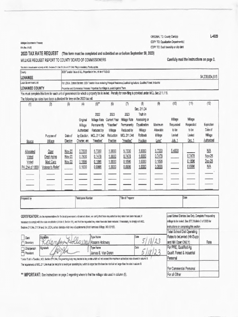 Fillable Online 2023 TAX RATE REQUEST (This form must be completed and ...