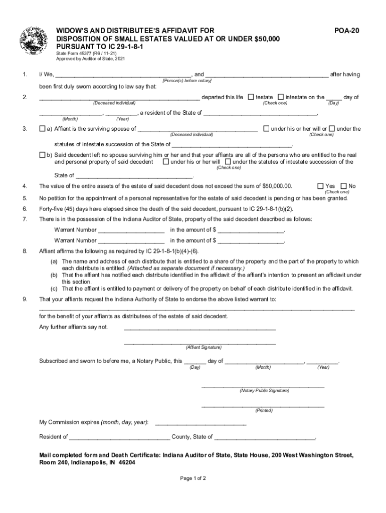 Fillable Online widow's and distributee's affidavit for poa-20 ...