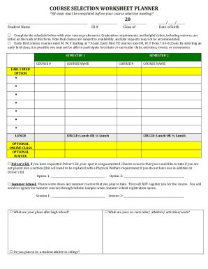 Fillable Online Course Selection Planning Worksheet - Class of 2025 Fax ...