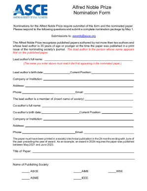Fillable Online Alfred Noble Prize Nomination Form. Alfred Noble Prize ...