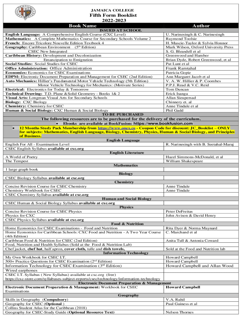 Fillable Online Secondary School (Forms 4 - 5) / CSEC O'Level Fax Email ...