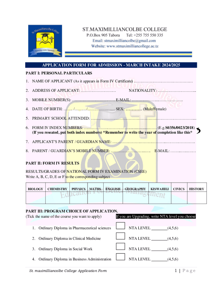 Fillable Online 1 Page APPLICATION FORM FOR ADMISSION - MARCH INTAKE ...