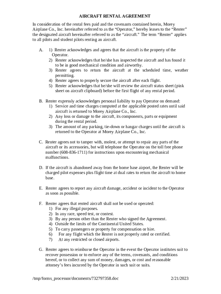 Online AIRCRAFT RENTAL AGREEMENT - Morey ... Doc Template | pdfFiller