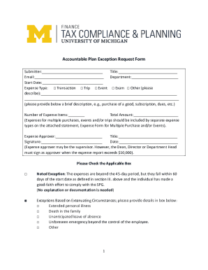 Fillable Online finance umich Accountable Plan Exception Request Form for Expenses ... Fax Email ...