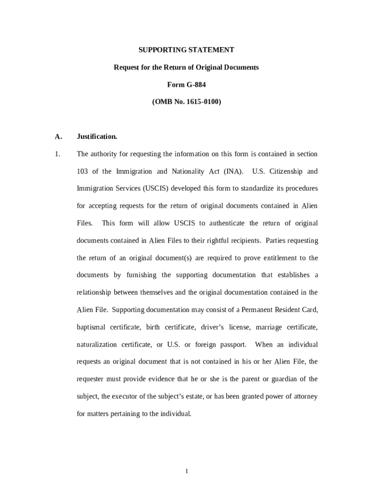 Request for the Return of Original Documents, G-884; ... Doc Template ...