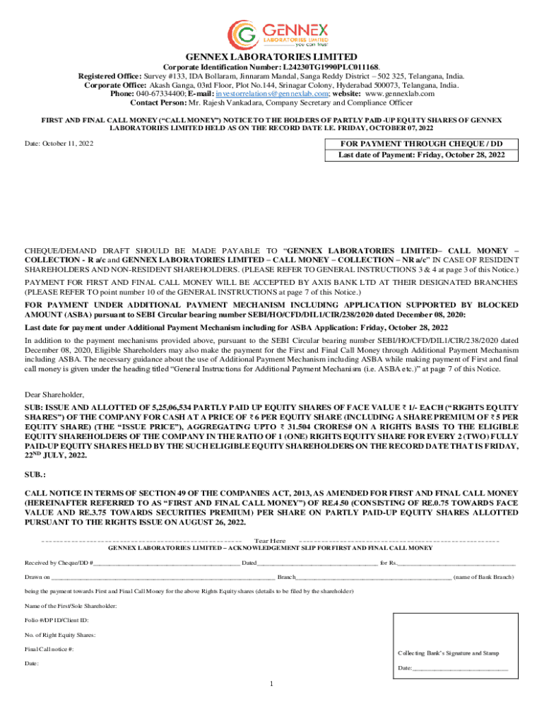 Fillable Online Gennex Laboratories Registered Address Contact Details ...