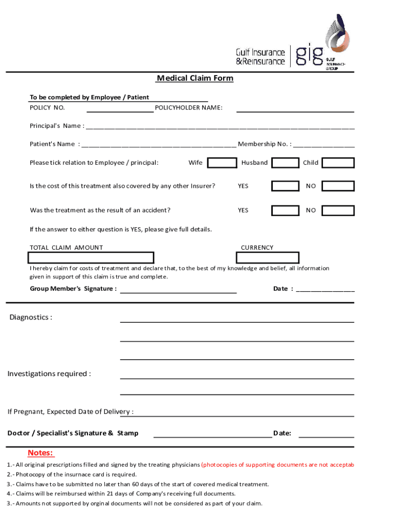 Fillable Online Medical Claim Form Notes: Fax Email Print - pdfFiller