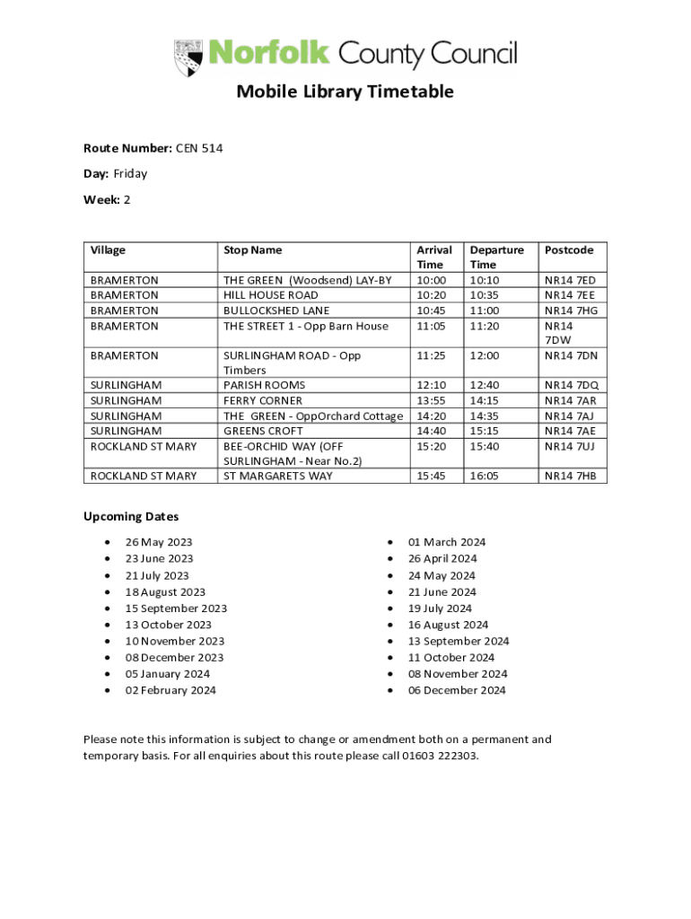 Fillable Online Mobile Libraries Customer Timetable CEN 514 Fax Email ...