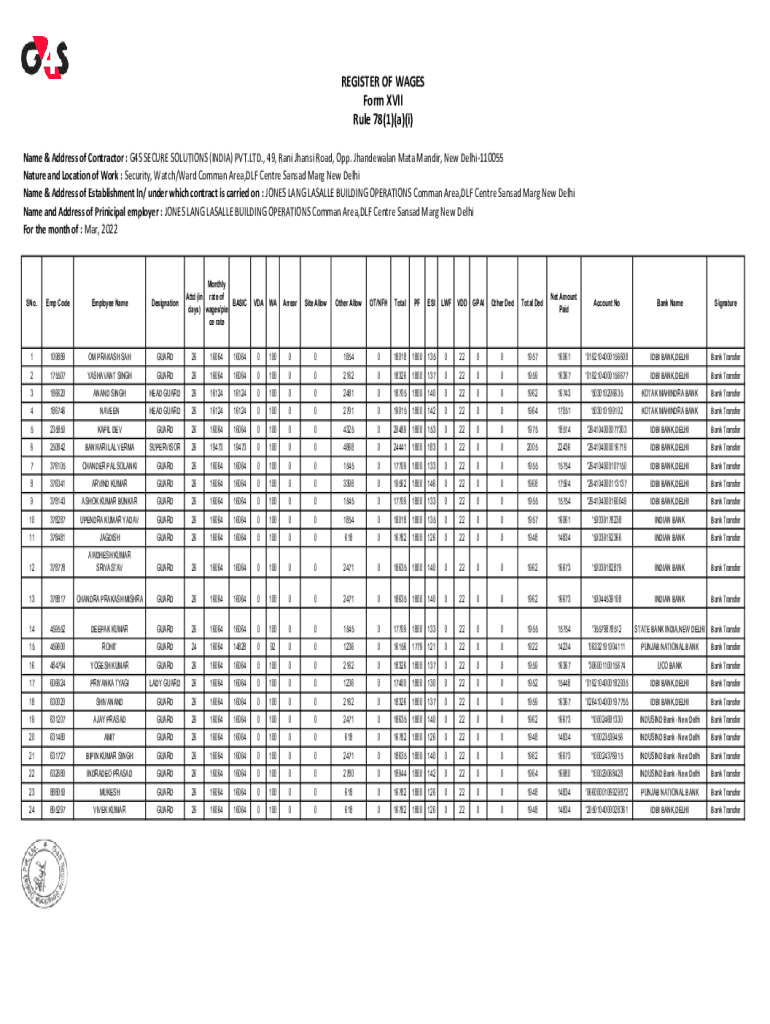 Fillable Online REGISTER OF WAGES Form XVII Rule 78(1)(a)(i) Fax Email ...