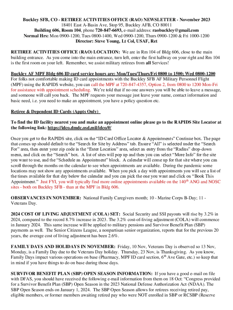 Fillable Online Buckley SFB, CO - RETIREE ACTIVITIES OFFICE (RAO ...
