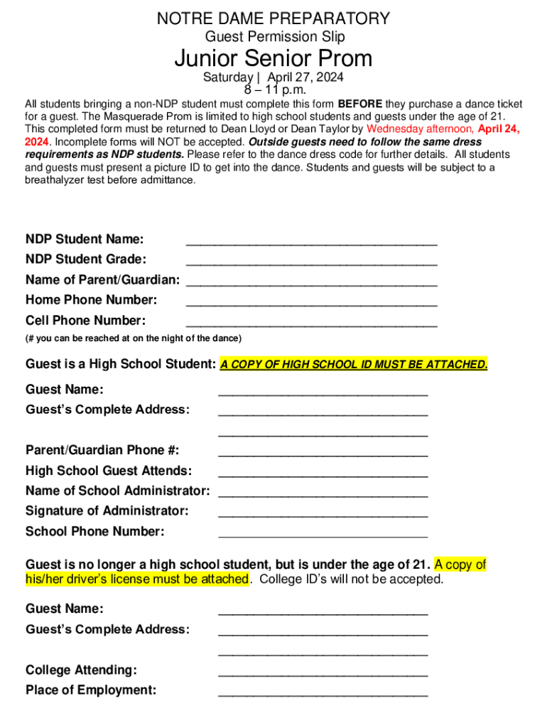 Fillable Online Guest Permission Slip - Junior Senior Prom Fax Email Print - pdfFiller