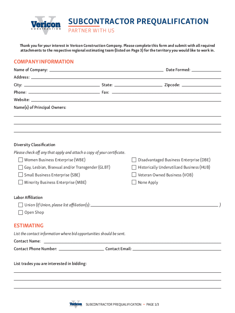 Fillable Online Subcontractor Prequalification Form Vericon Construction Company Fax Email Print ...