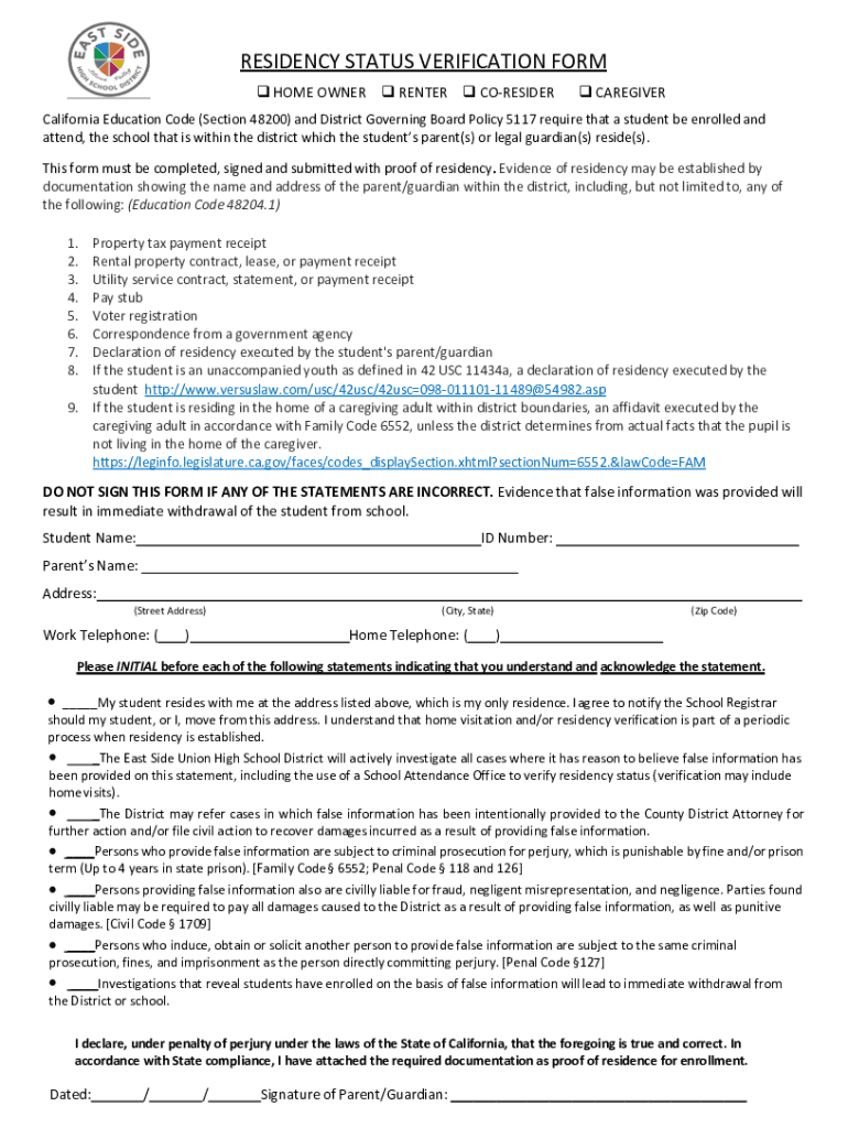 Fillable Online RESIDENCY STATUS VERIFICATION FORM Fax Email Print ...