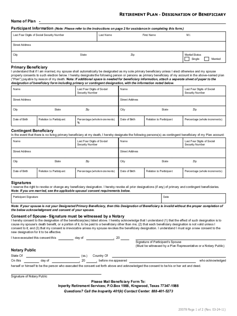 Fillable Online Name of Plan - Insperity Retirement Services Fax Email ...