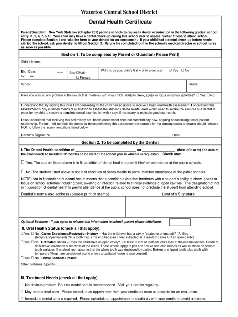Fillable Online Waterloo Central School District Dental Health ...