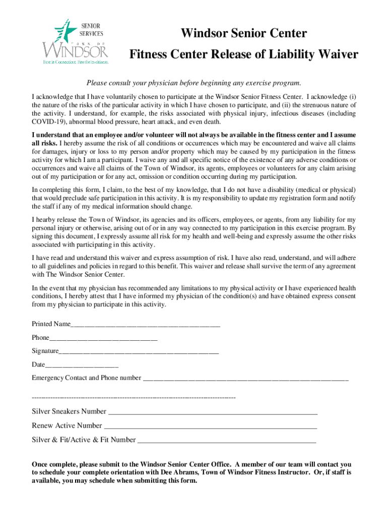 Fillable Online Windsor Senior Center Fitness Center Release of ...