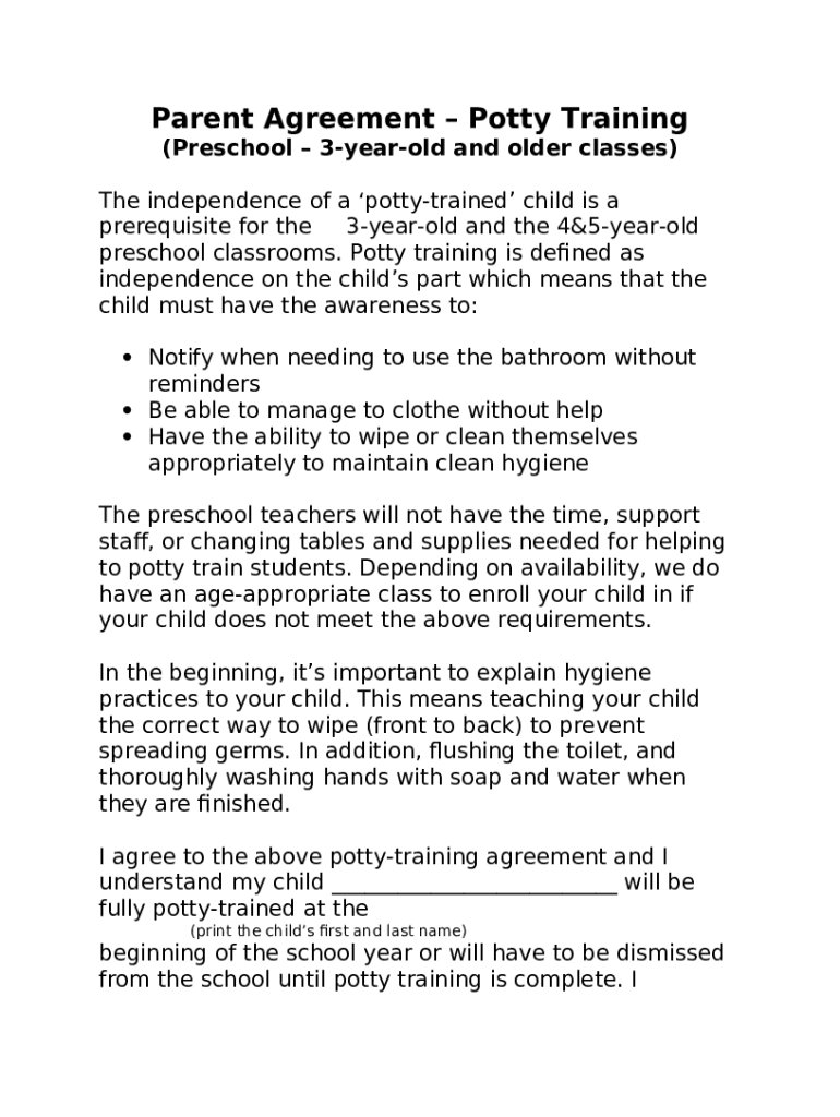 Parent AgreementPotty Training (Preschool Doc Template | pdfFiller