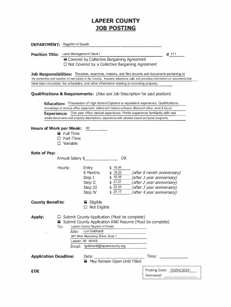 Fillable Online Land Management Clerk I - Register of Deeds Office Fax ...