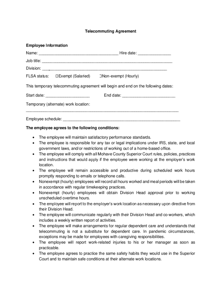 Fillable Online Telecommuting Agreement Employee Information Name Fax Email Print - pdfFiller