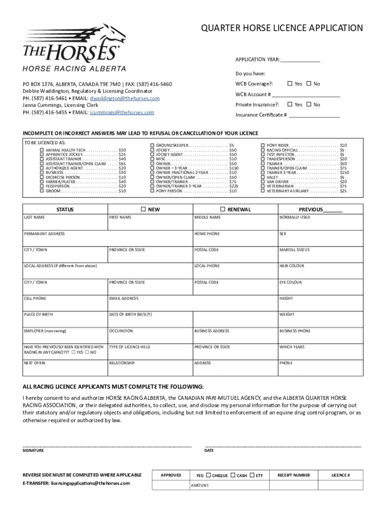 Fillable Online QUARTER HORSE LICENCE APPLICATION Fax Email Print ...