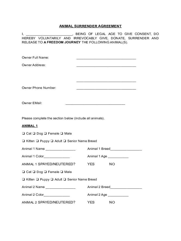 Fillable Online Surrender of Owned Animal Agreement Fax Email Print ...