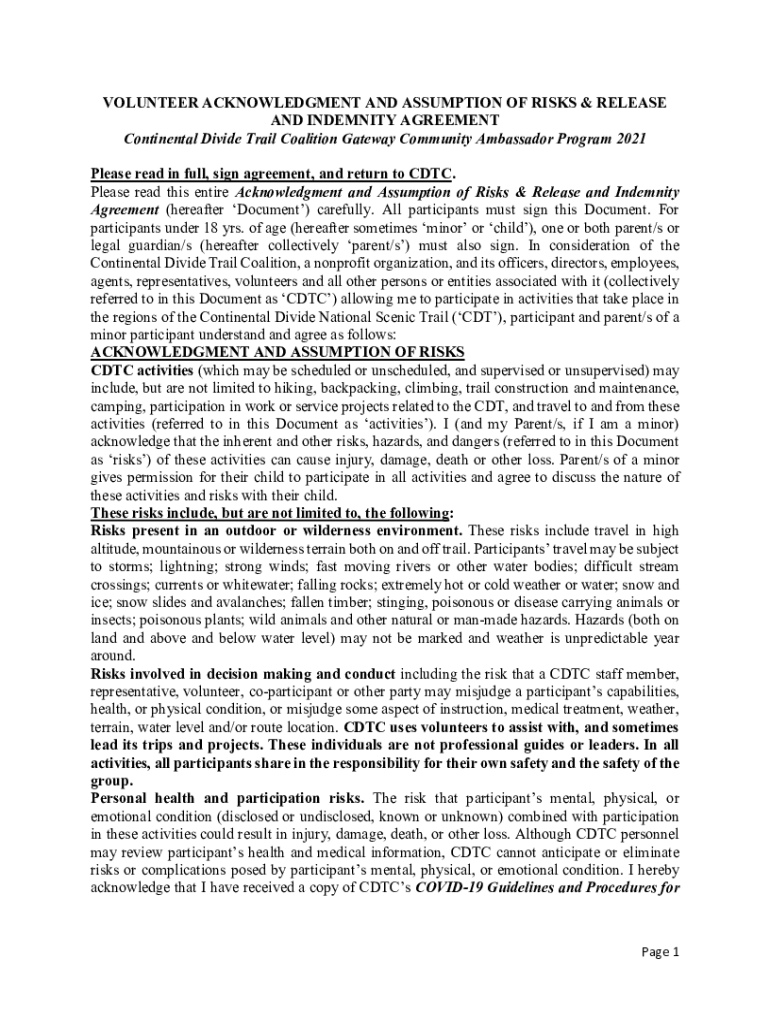 Fillable Online volunteer acknowledgment and assumption of risks ...