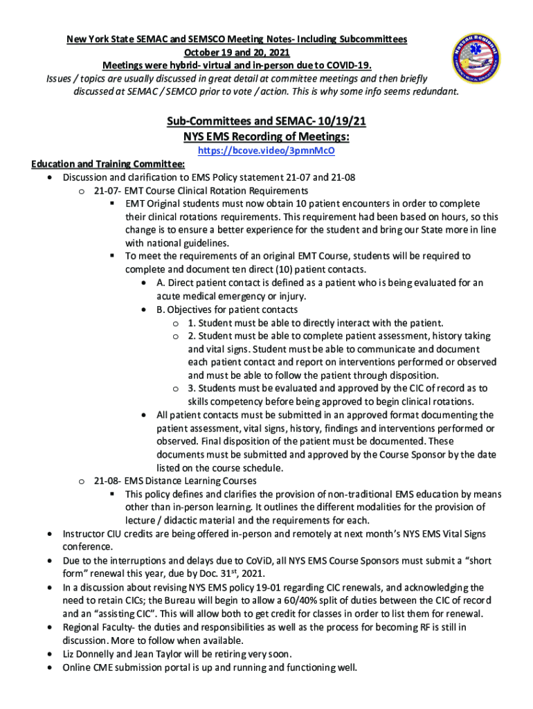 Fillable Online Sub-Committees and SEMAC- 10/19/21 NYS EMS Recording of ...