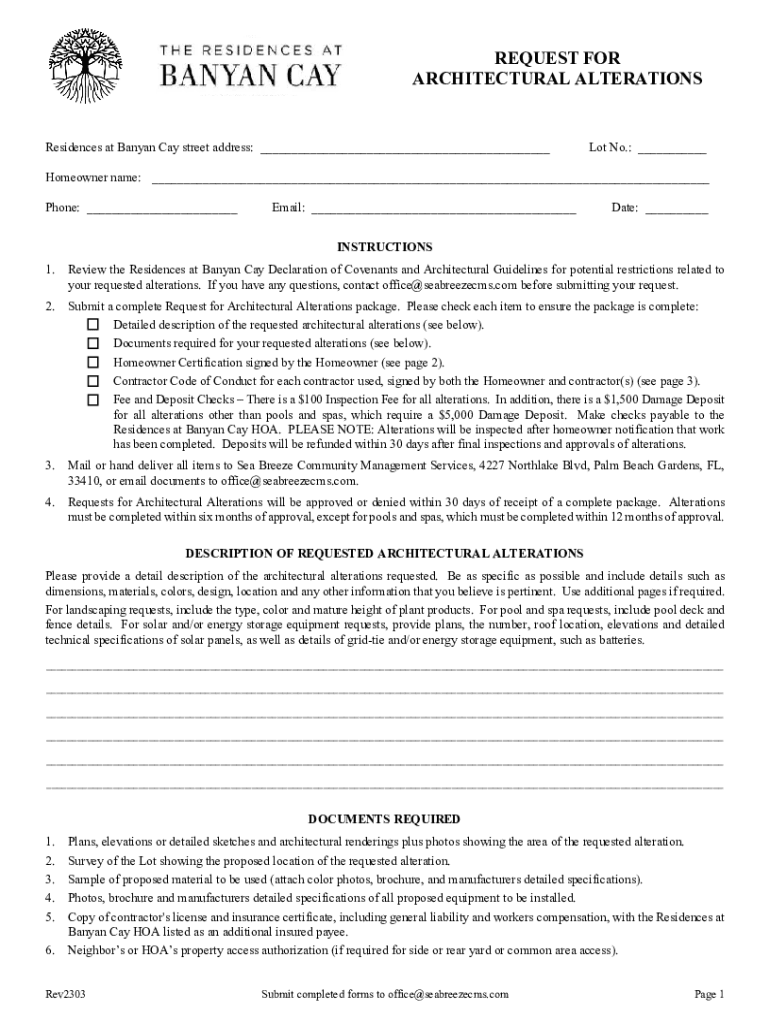 Fillable Online REQUEST FOR ARCHITECTURAL ALTERATIONS Fax Email Print ... Fillable Online REQUEST FOR ARCHITECTURAL ALTERATIONS Fax Email Print ...