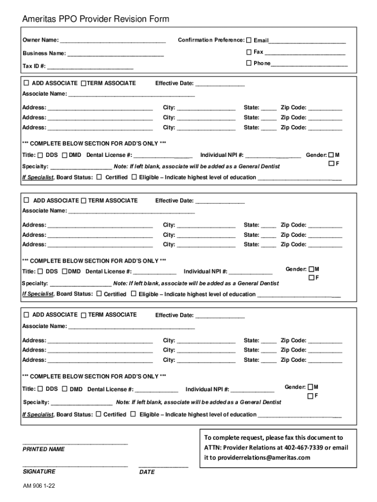 Fillable Online Ameritas PPO Provider Revision Form Fax Email Print ...