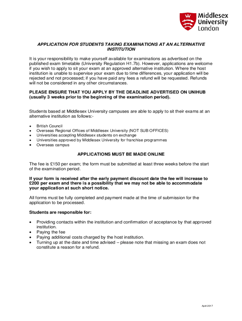 Fillable Online APPLICATION FORM FOR STUDENTS TAKING EXAMINATIONS ...