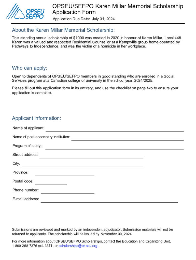 Fillable Online OPSEU/SEFPO Karen Millar Memorial Scholarship ...