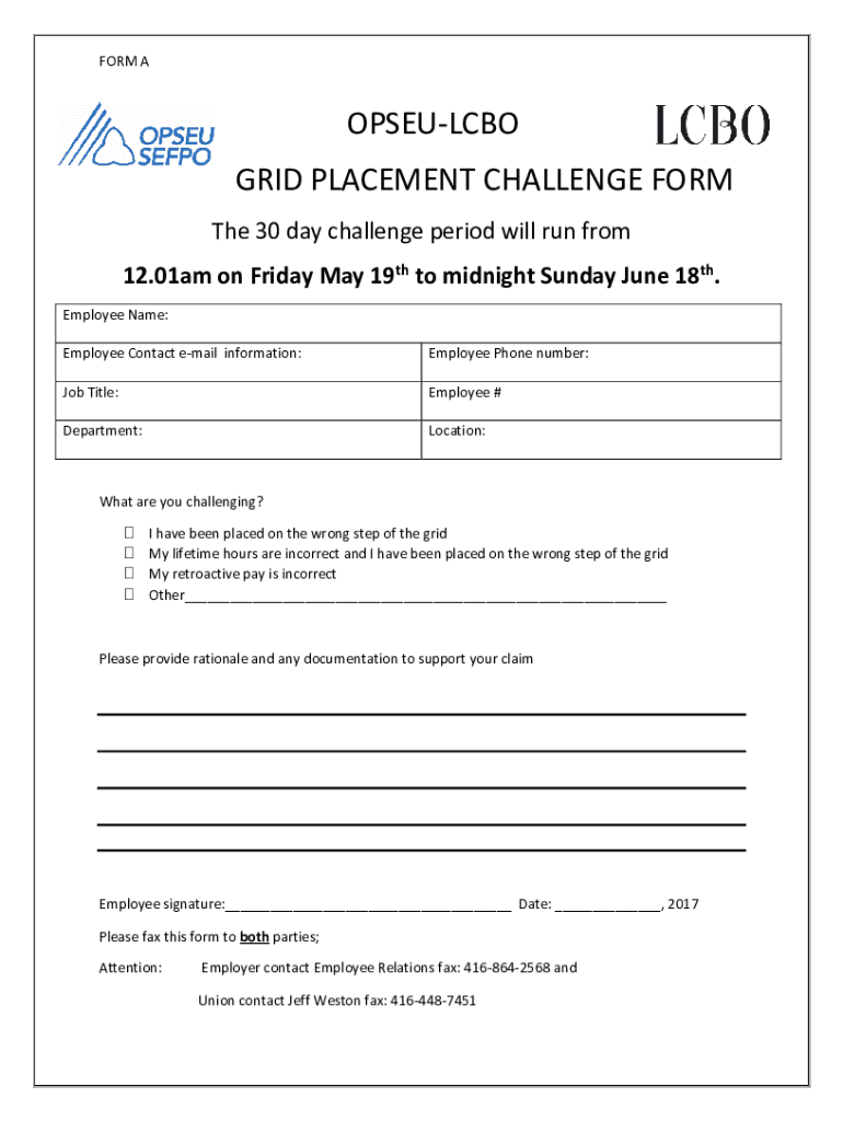 Fillable Online OPSEU-LCBO GRID PLACEMENT CHALLENGE FORM Fax Email ...