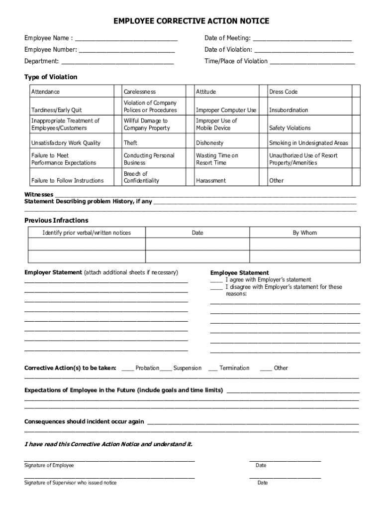 Fillable Online CORRECTIVE ACTION NOTIFICATION FORM Fax Email Print - pdfFiller