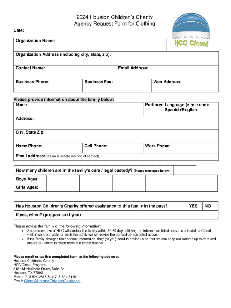 Fillable Online 2024 Houston Children's Charity Agency Bed Request Form ...