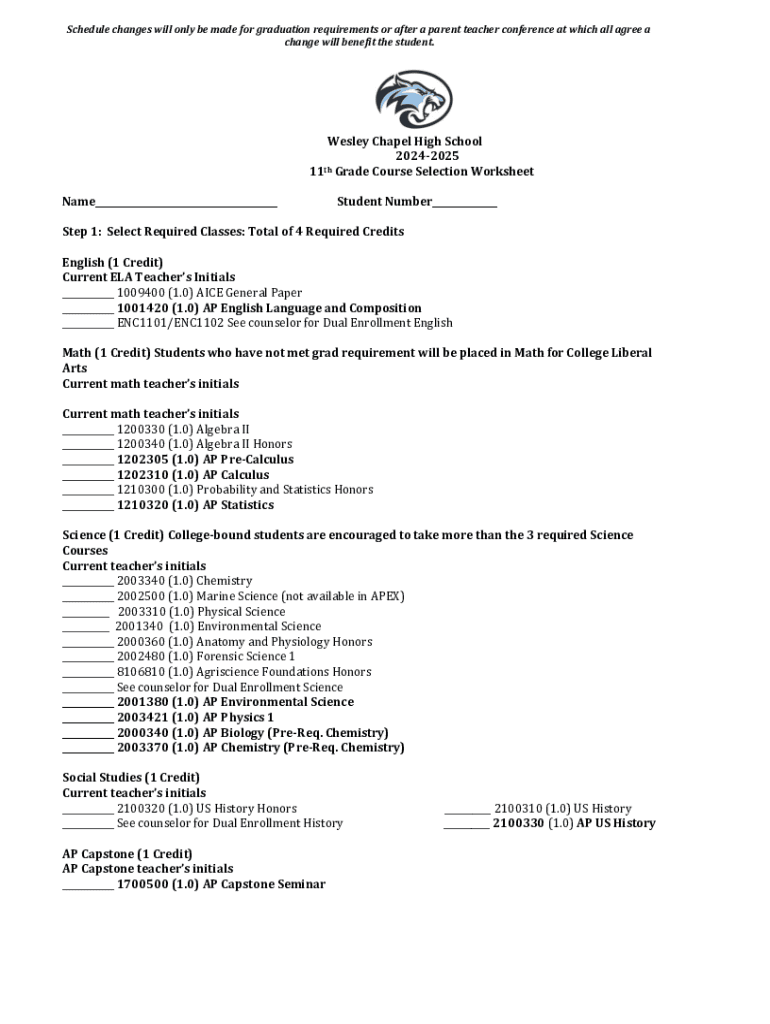 Fillable Online wchs pasco k12 fl Wesley Chapel High School 2024-2025 11th Grade Course ... Fax ...