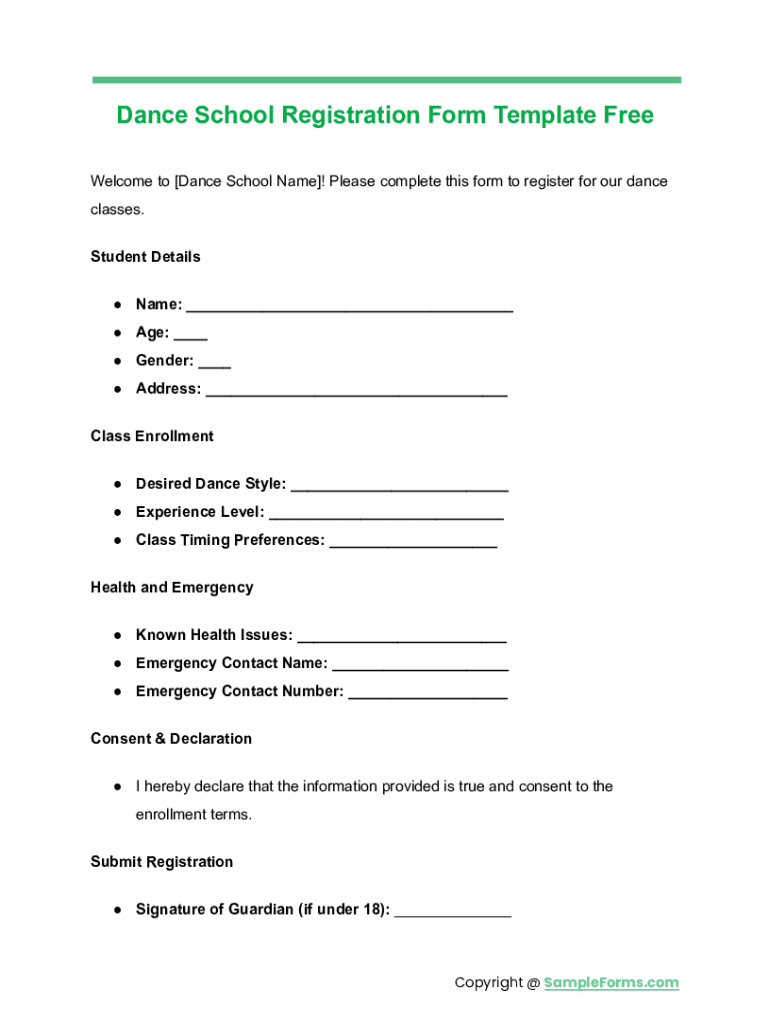 Fillable Online Dance School Registration Form Template Free Fax Email ...