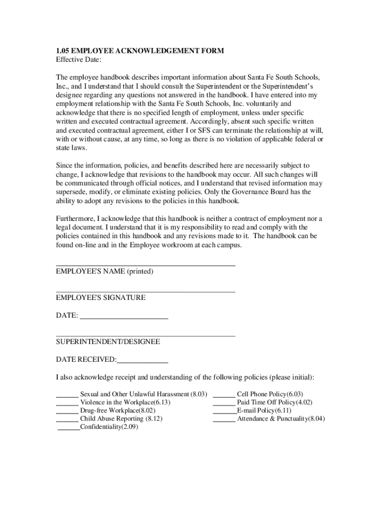 Fillable Online 1.05 EMPLOYEE ACKNOWLEDGEMENT FORM Effective Date: The ...