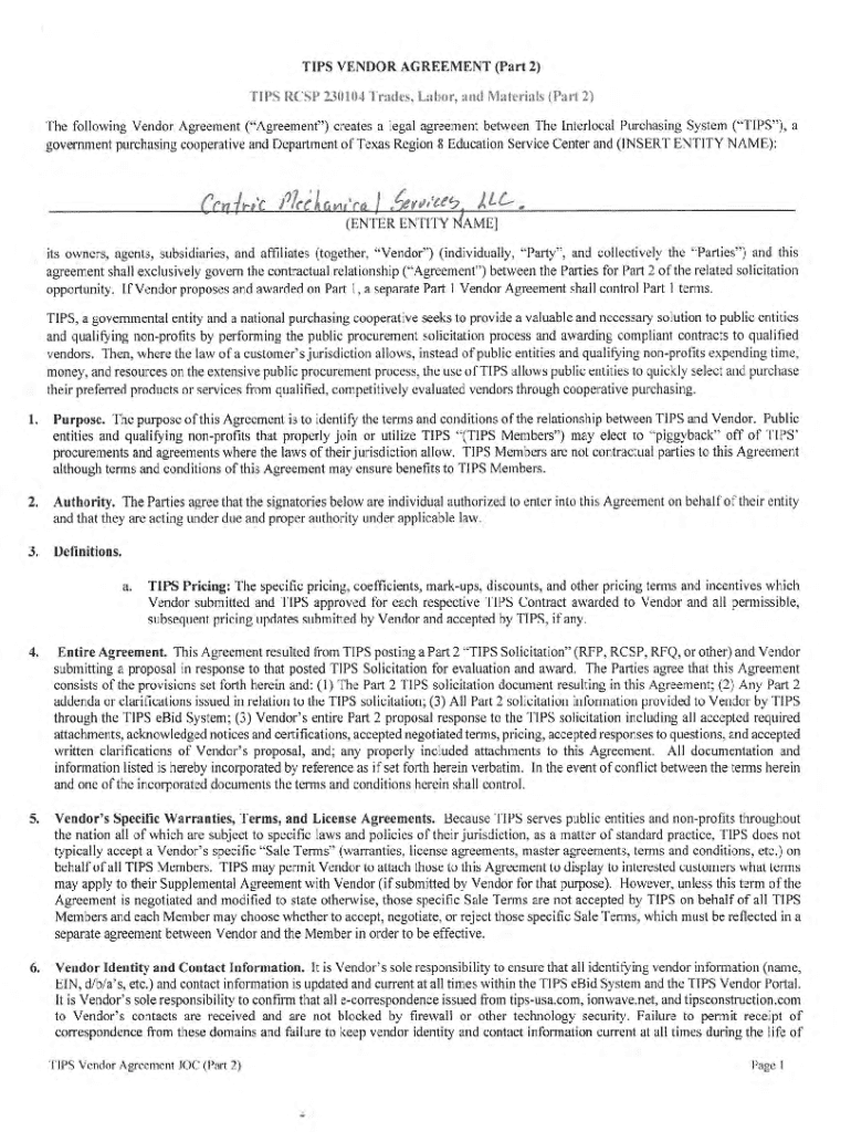Fillable Online TIPS Vendor Agreement - Part 1 - 230104 Sample Clauses ...