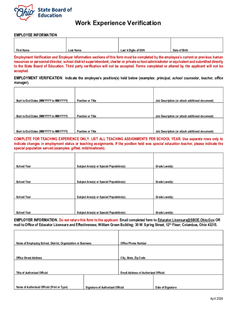 Fillable Online Work Experience Verification. Work Experience ...