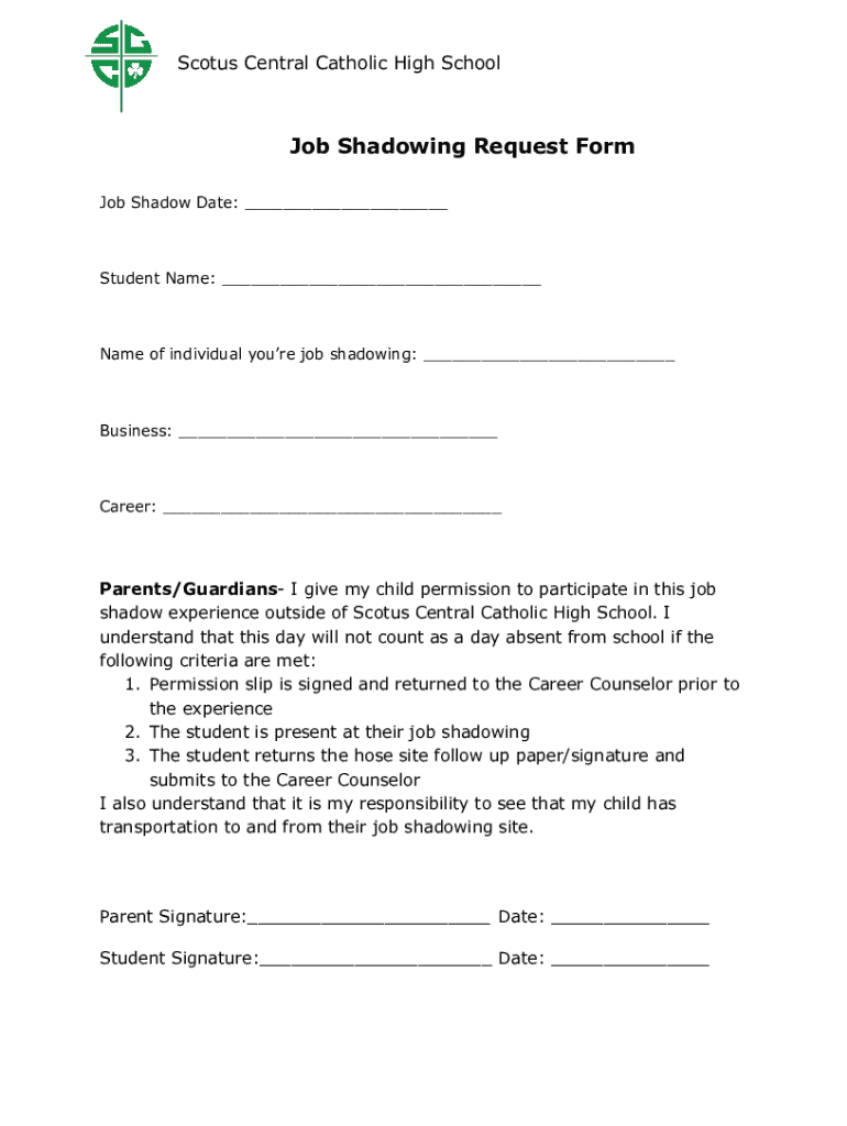 Fillable Online 10th Grade Job Shadow Forms.pdf - Rock Hill Schools Fax Email Print - pdfFiller