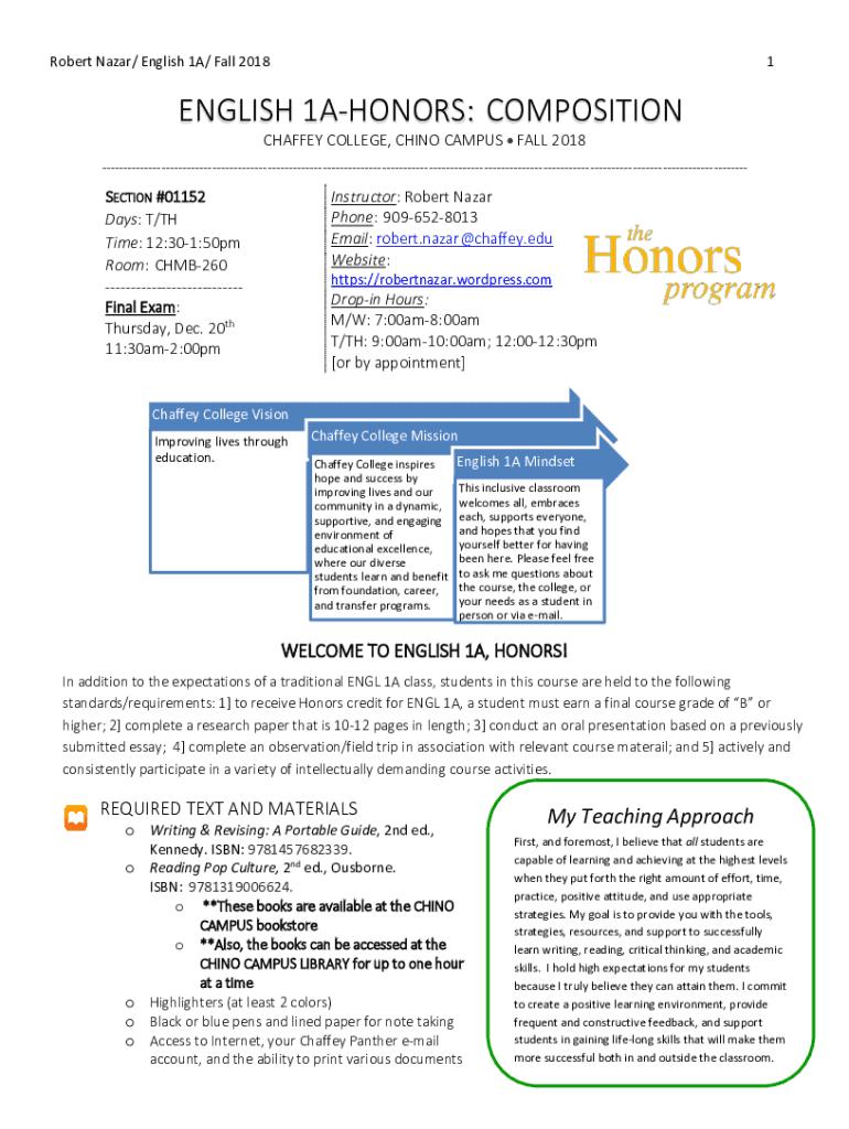 Fillable Online ENGLISH 1A-HONORS: COMPOSITION Fax Email Print - pdfFiller