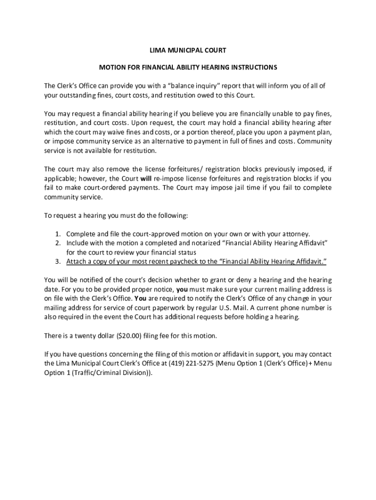 Fillable Online LIMA MUNICIPAL COURT MOTION FOR FINANCIAL ABILITY ...