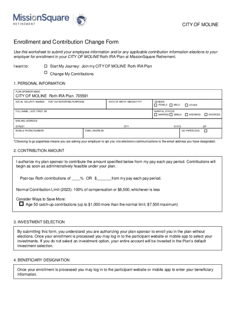 Fillable Online moline il Enrollment and Contribution Change Form Fax ...